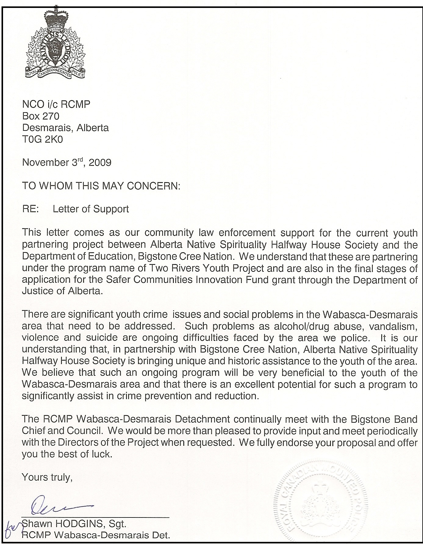R.C.M.P. Letter of Support